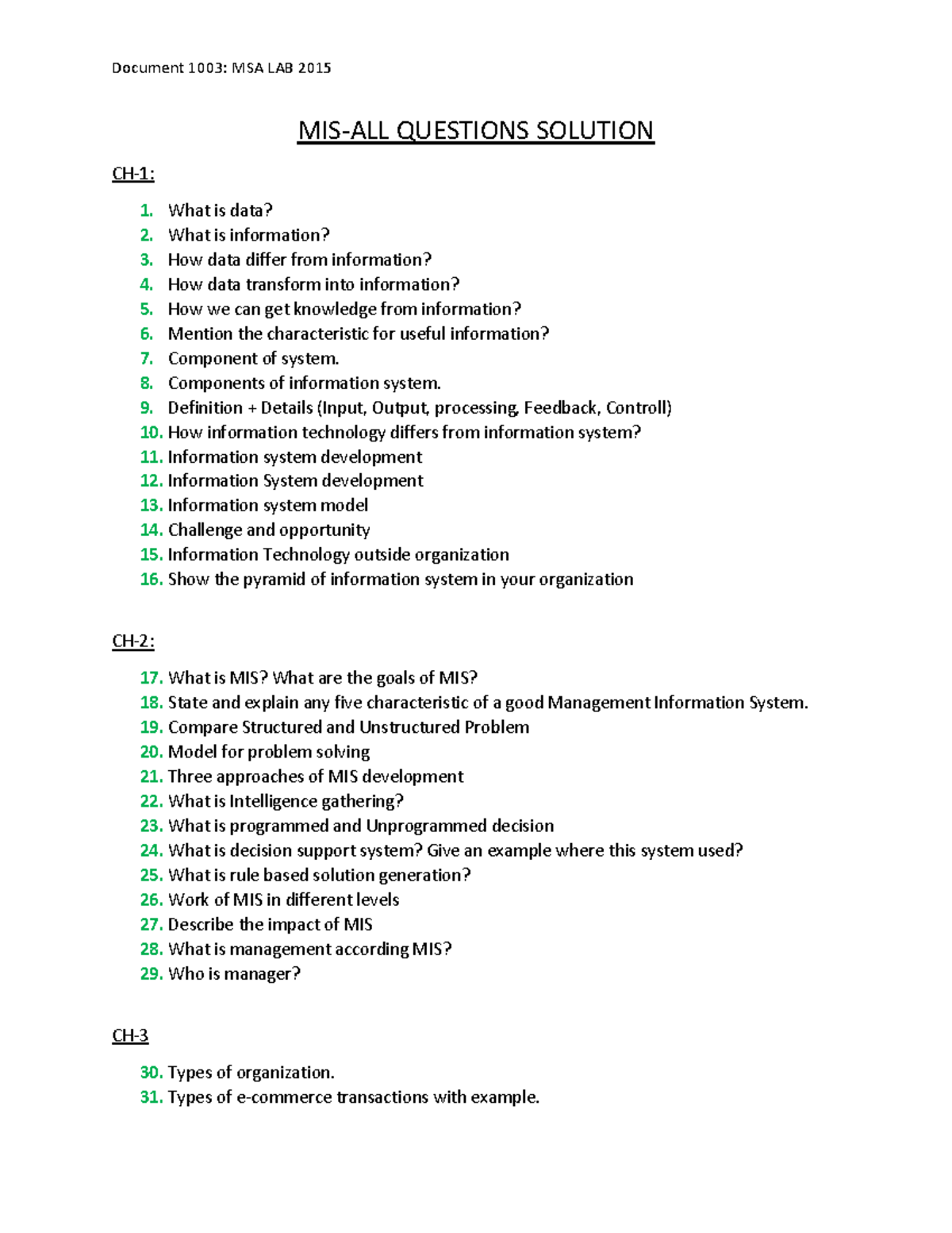 MIS Final ALL Questions Solution - MIS-ALL QUESTIONS SOLUTION CH-1: 1 ...