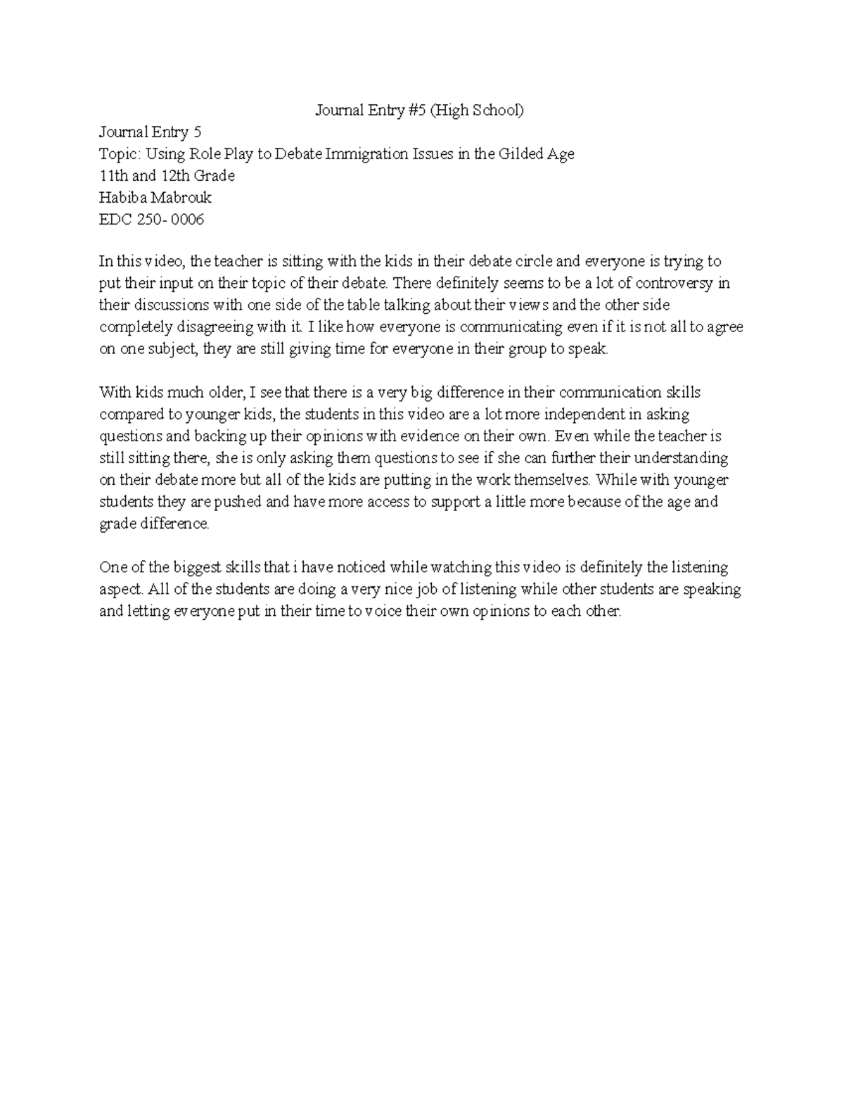 Journal Entry #5 - Journal Entry #5 (High School) Journal Entry 5 Topic ...