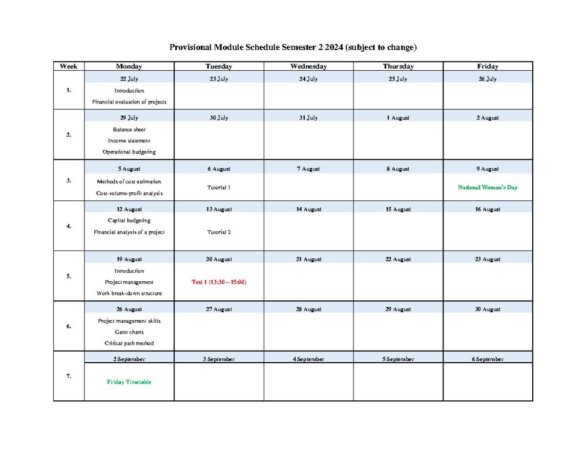 4PE Module Schedule 2024 - Provisional Module Schedule Semester 2 202 4 ...