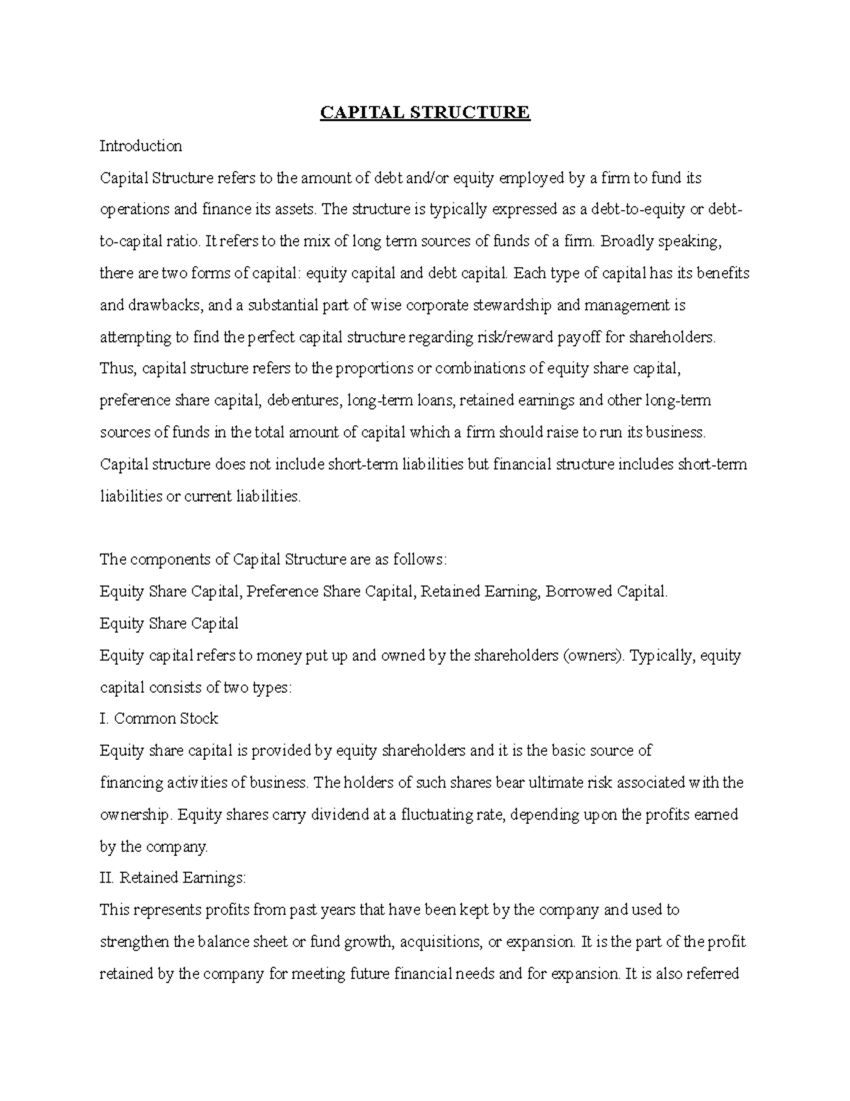 Capital Structure Group Work - CAPITAL STRUCTURE Introduction Capital ...