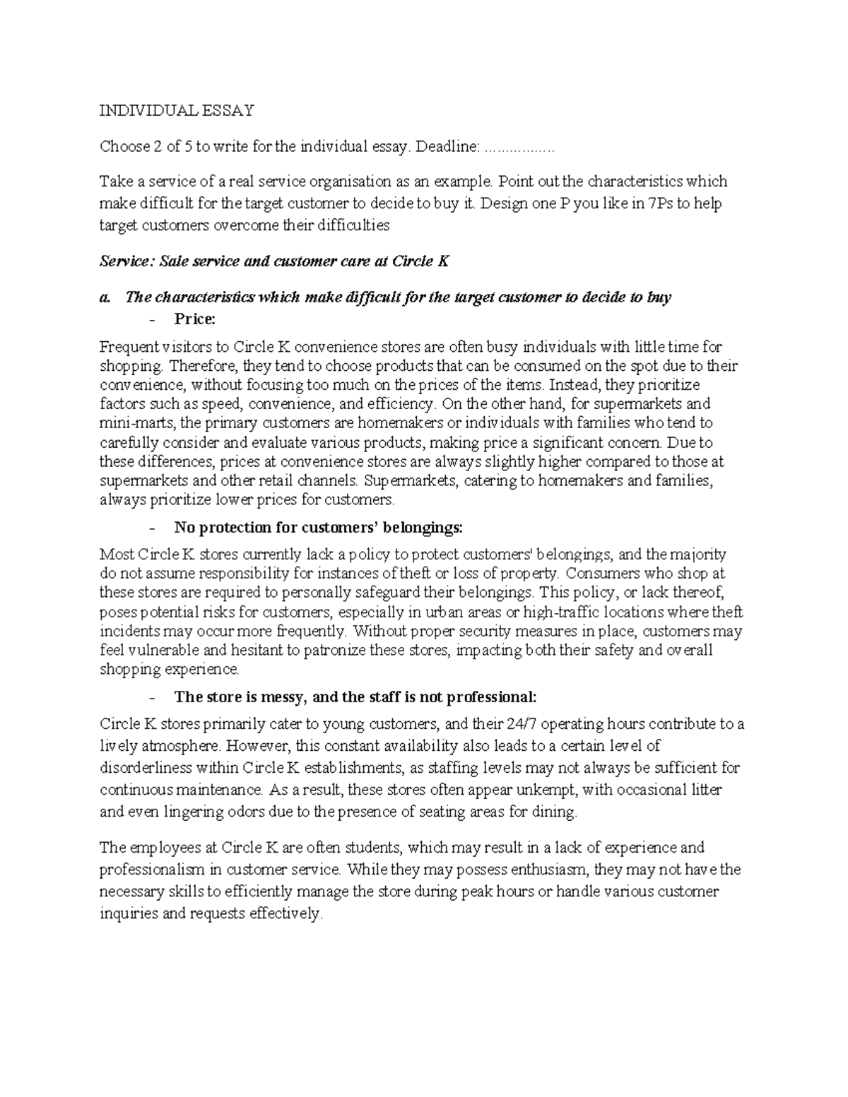 Individual assignment - INDIVIDUAL ESSAY Choose 2 of 5 to write for the ...