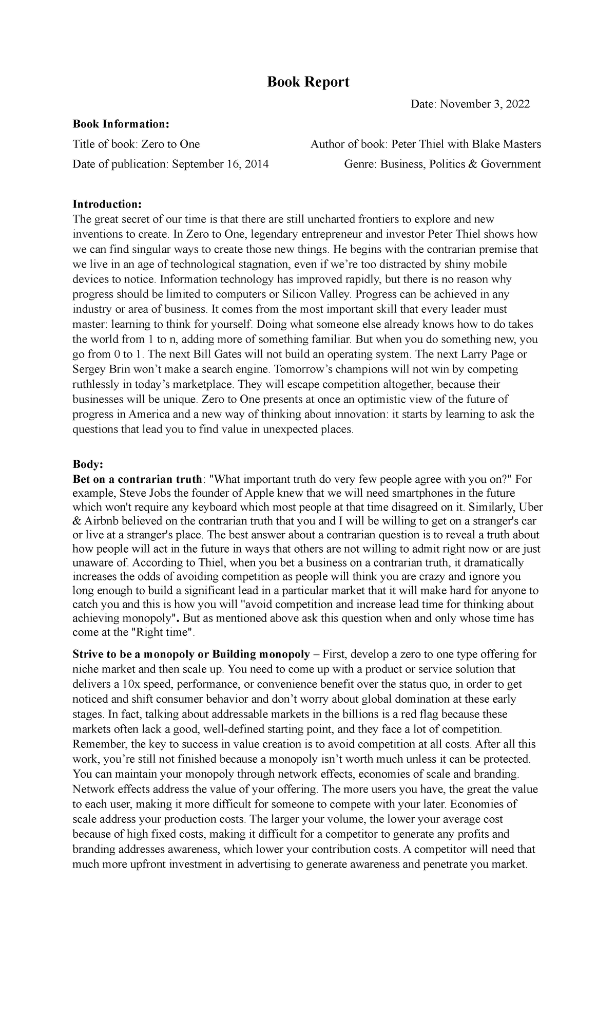 Book Report - Summary of the Book of Zero to one by Peter Thiel - Book ...