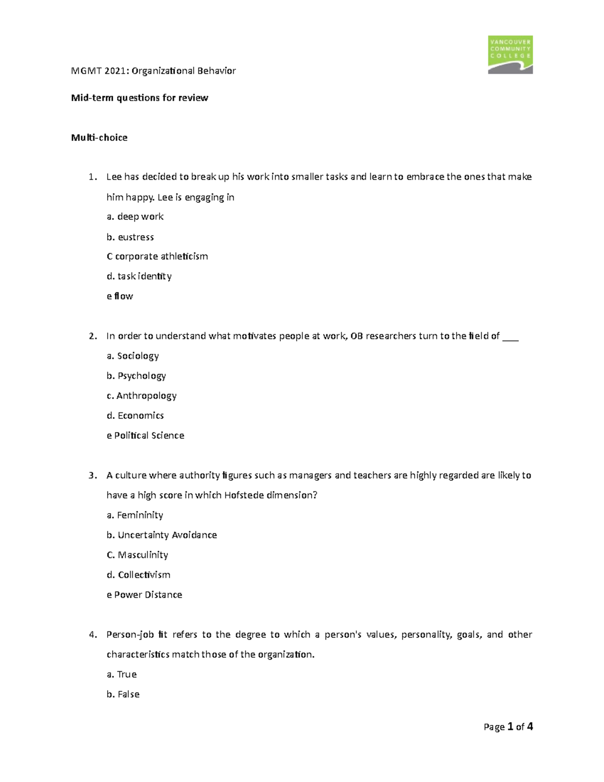 OB - Midterm test 3 - Mid-term question - Mid-term questions for review ...