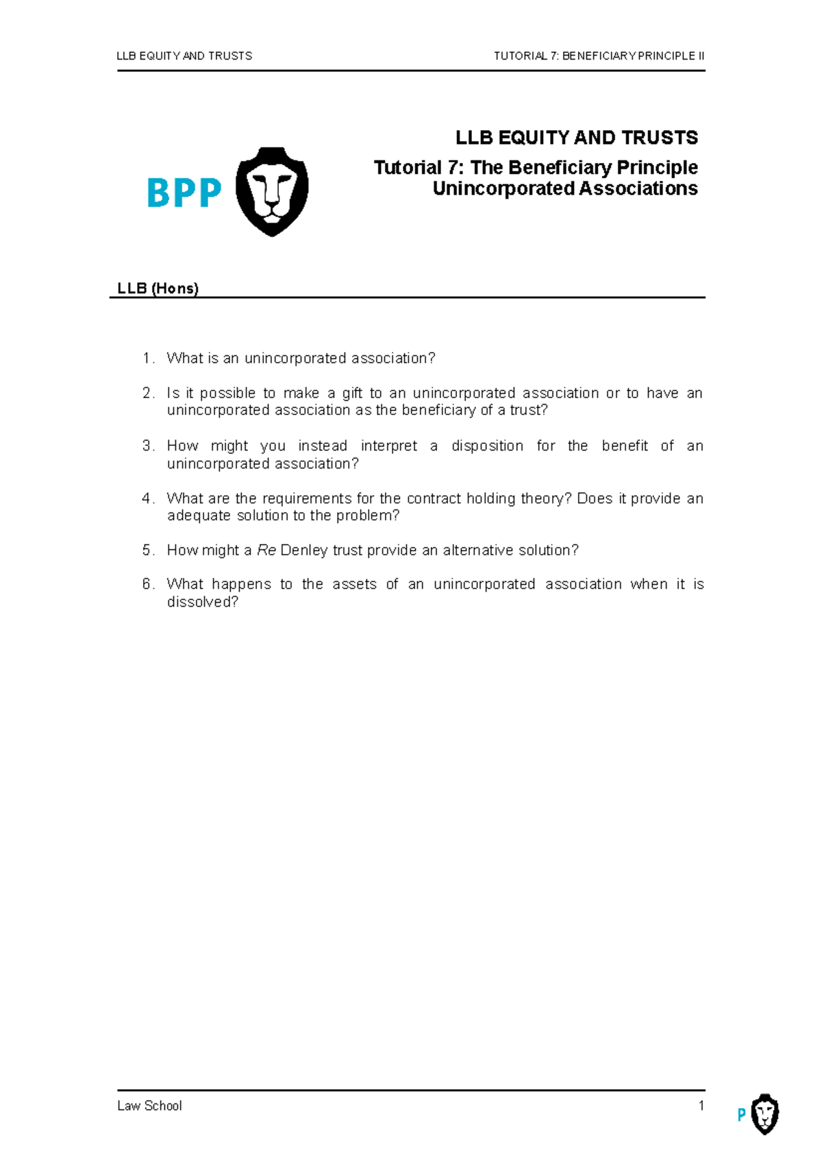 Tutorial 7 Final - problem answer - LLB EQUITY AND TRUSTS TUTORIAL 7 ...