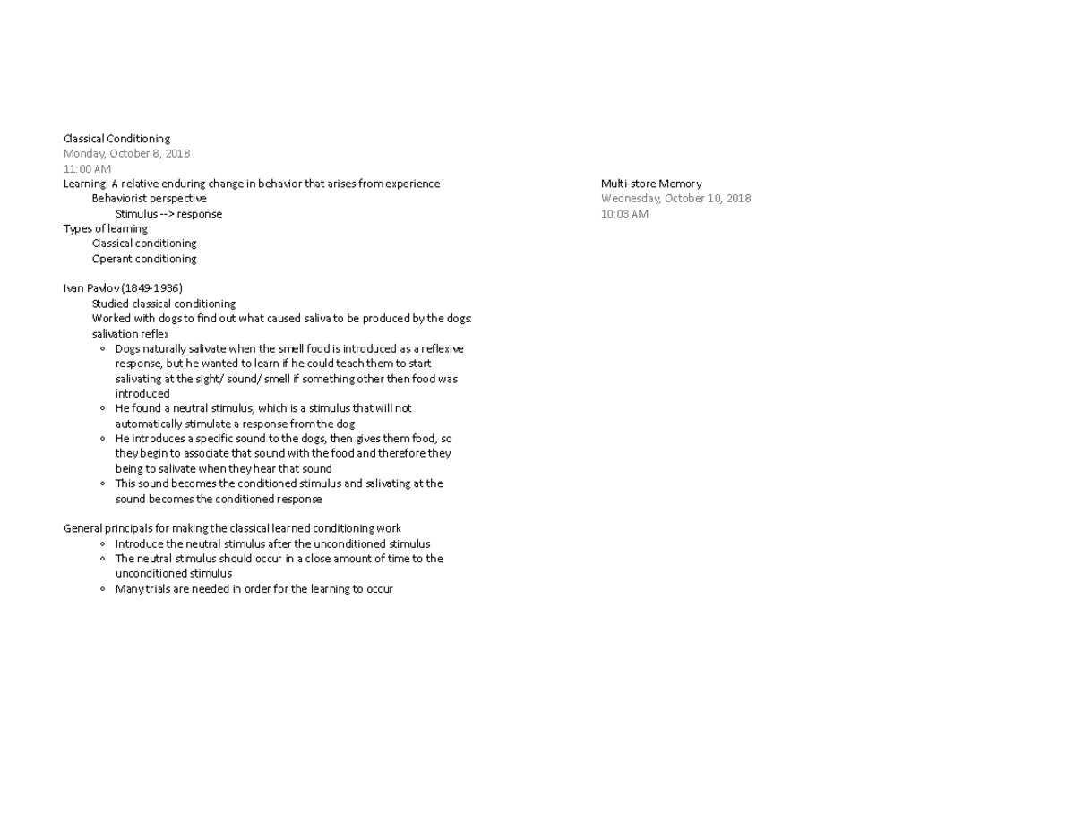 Exam II Psych Notes - Classical Conditioning Monday, October 8, 2018 11 ...