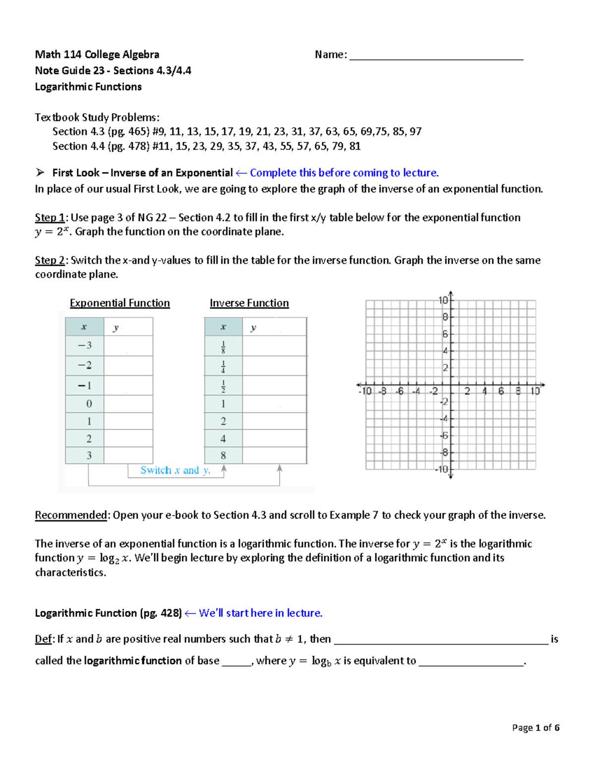 Ng 23 Sections 4 3 4 4 Logarithmic Functions Math 1 14 College