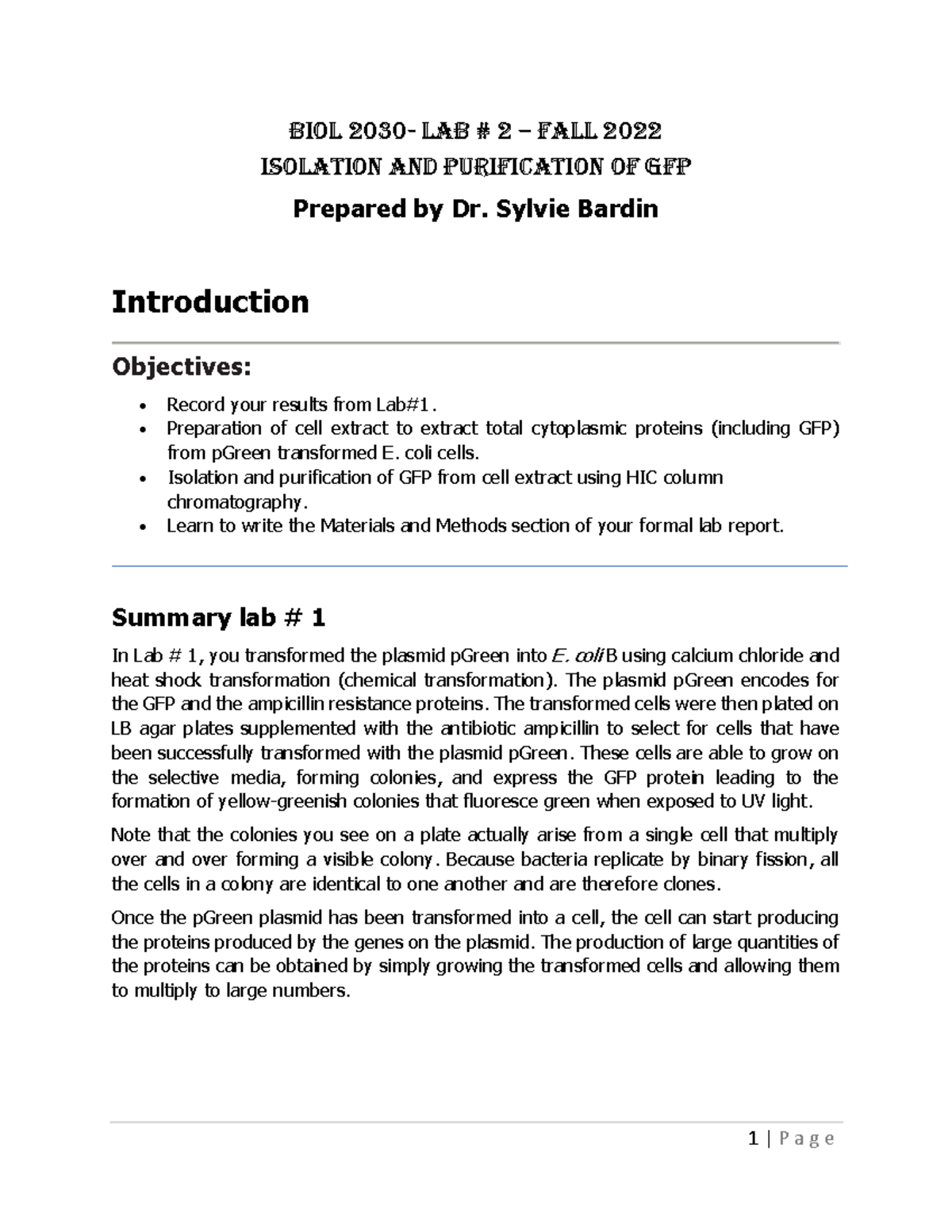 Biol 2030- Lab 2- Introduction Protocol-F2022 - Biol 2030- Lab # 2 – Fall 2022 Isolation and ...