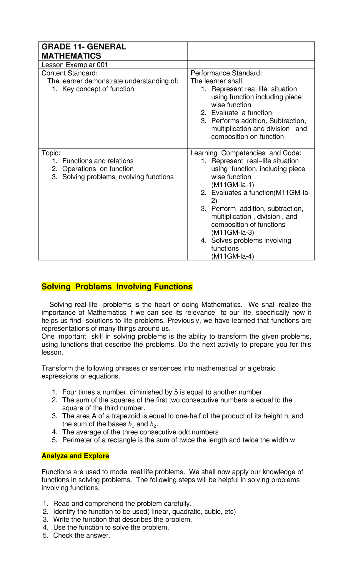 GM Problems Involving Functions - GRADE 11- GENERAL MATHEMATICS Lesson ...
