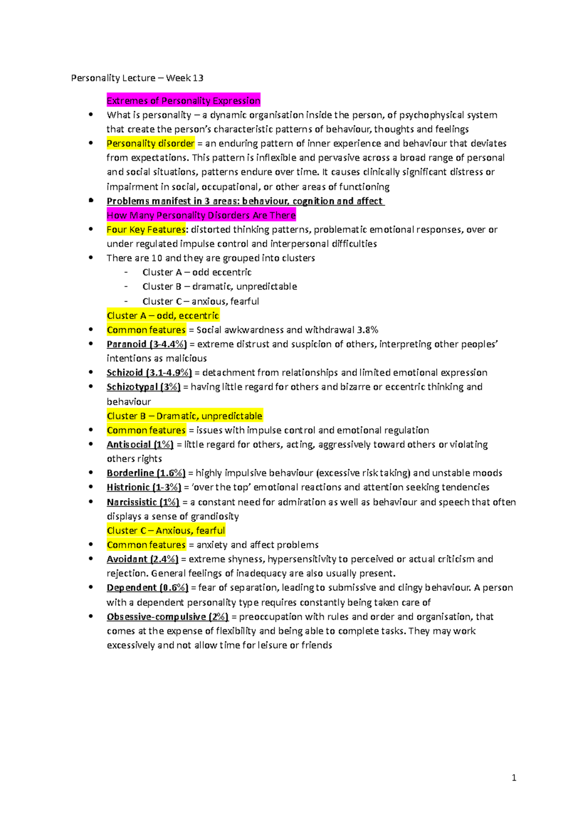 Personality Lecture – Week 13 - Personality Lecture – Week 13 Extremes of Personality Expression ...
