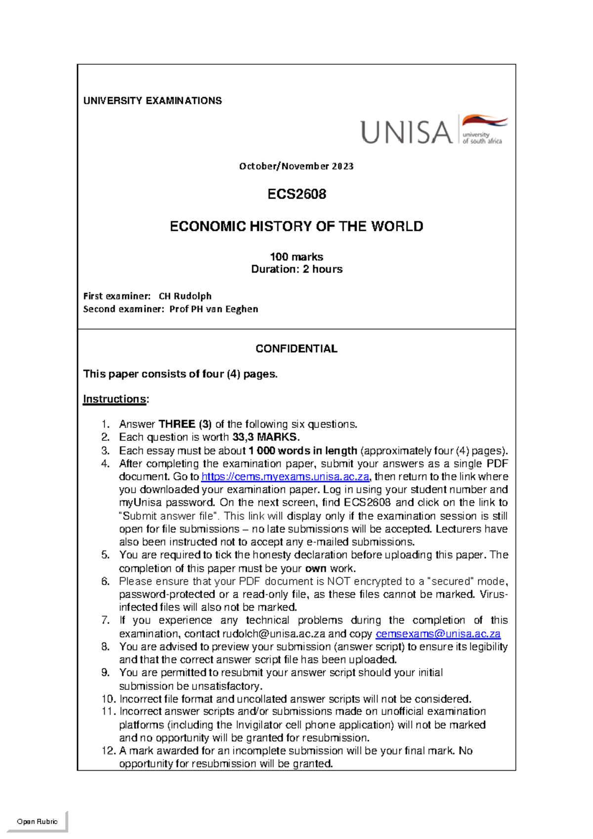 ECS2608 Examination paper - UNIVERSITY EXAMINATIONS October/November 2023 ECS ECONOMIC HISTORY ...