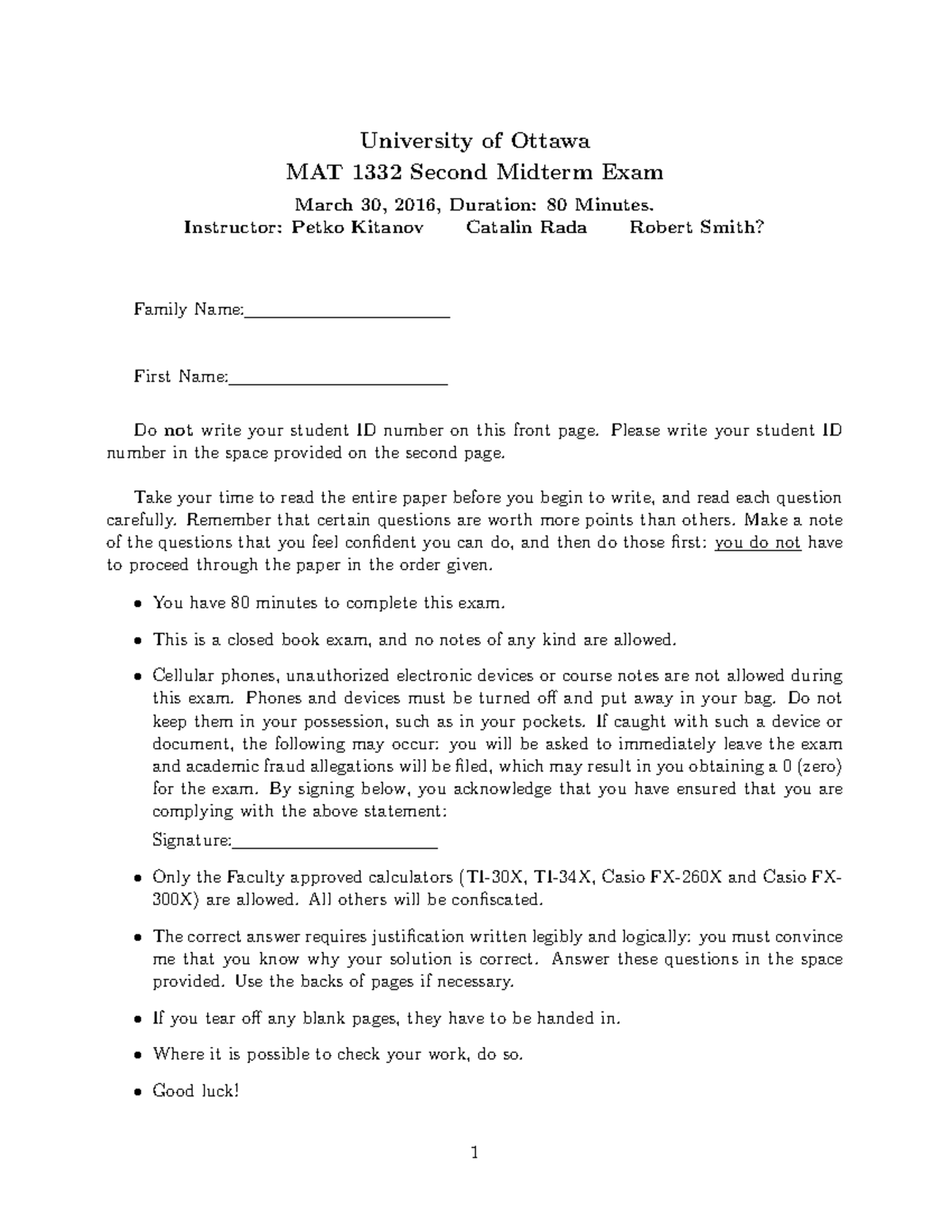 Midterm 2B-Solutions - University of Ottawa MAT 1332 Second Midterm ...