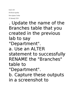 DAD 220 Module One Lab - DAD 220 Professor Ayesha Brie-Aynna Cortez 12 January 2024 1. Create a ...