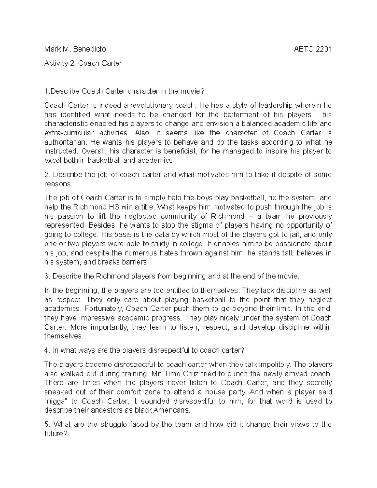 PE Coach Carter - Mark M. Benedicto AETC 2201 Activity 2: Coach Carter ...