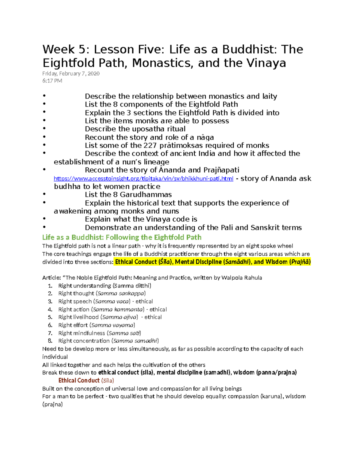 Week 5 Lesson Five Life as a Buddhist The Eightfold Path Monastics and ...