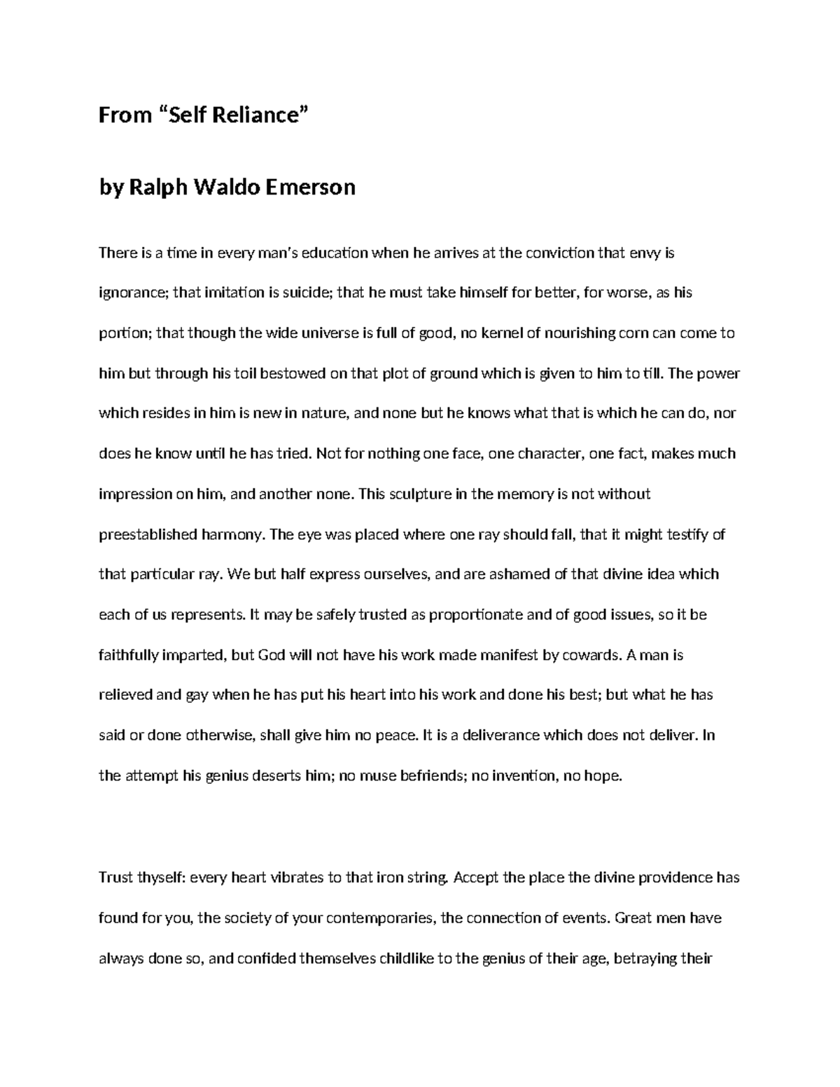 Excerpt from self reliance - From “Self Reliance” by Ralph Waldo ...