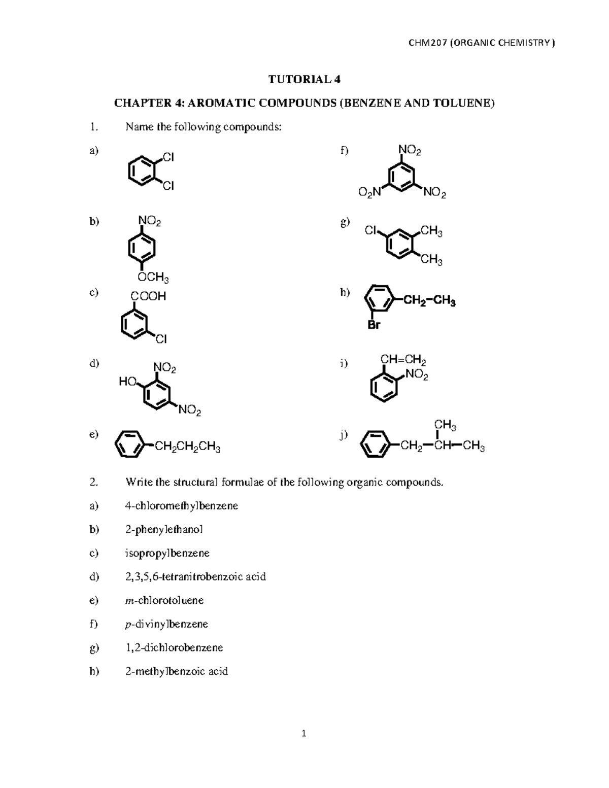 Tutorial 4-aromatic compounds - CHM207 (ORGANIC CHEMISTRY ) 1 TUTORIAL ...