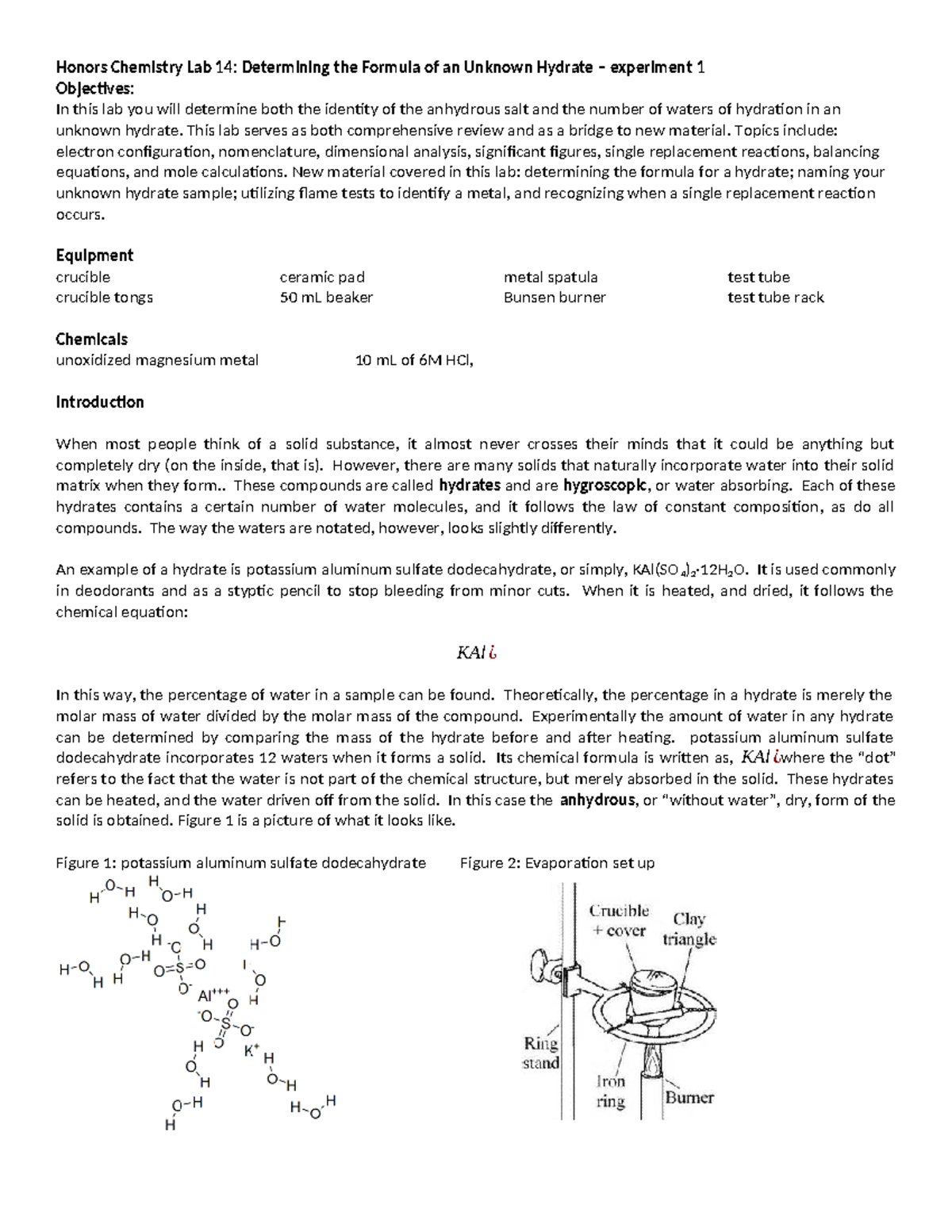 Lab 14 Determining the Formula of an Unknown Hydrate 2016 f - This lab serves as both ...