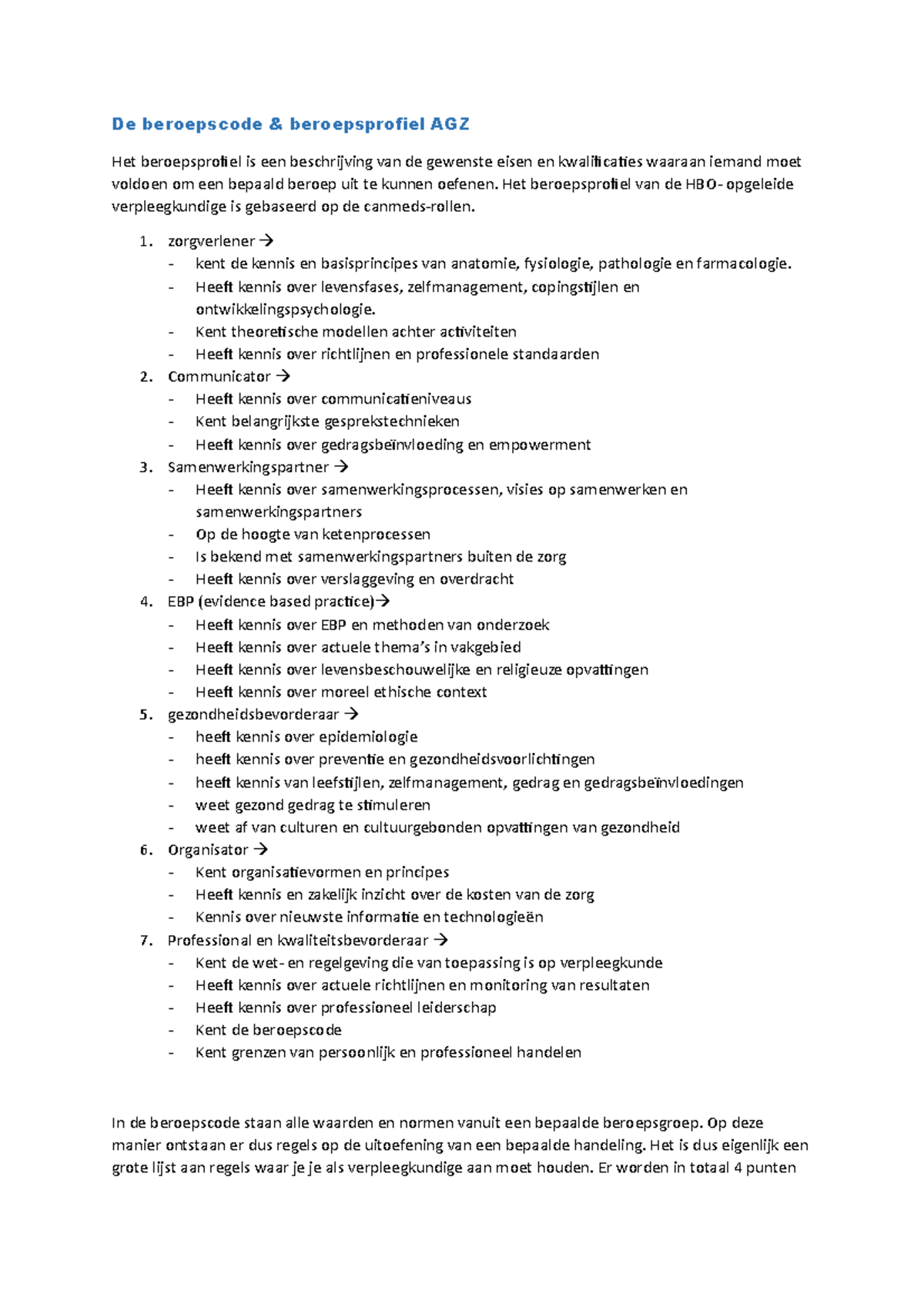 De beroepscode en beroepsprofiel vakblad AGZ - Kern - Fontys - Studeersnel