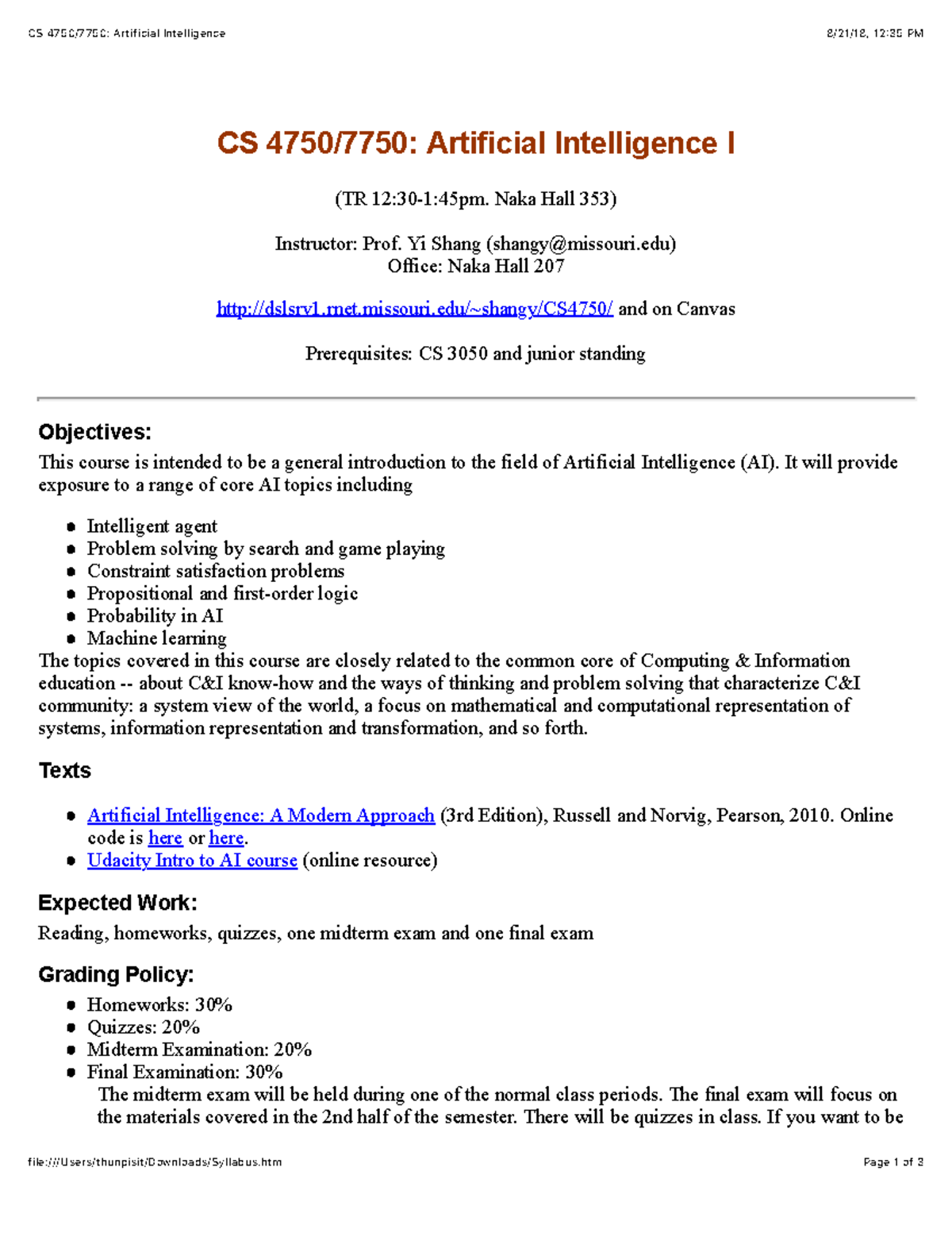 CS7750 2018 FS - Syllabus - CS 4750/7750: Artificial Intelligence 8/21/18, 12'35 PM file: Page 1 ...