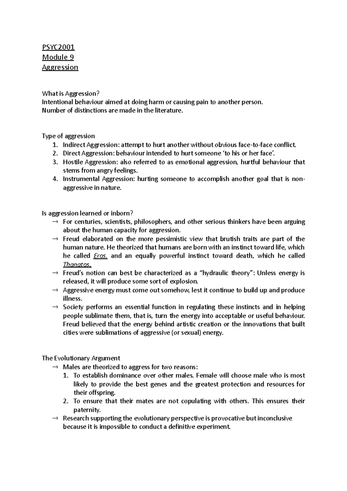 Module 9 Aggression Notes From The Lectures Of The Course Psyc