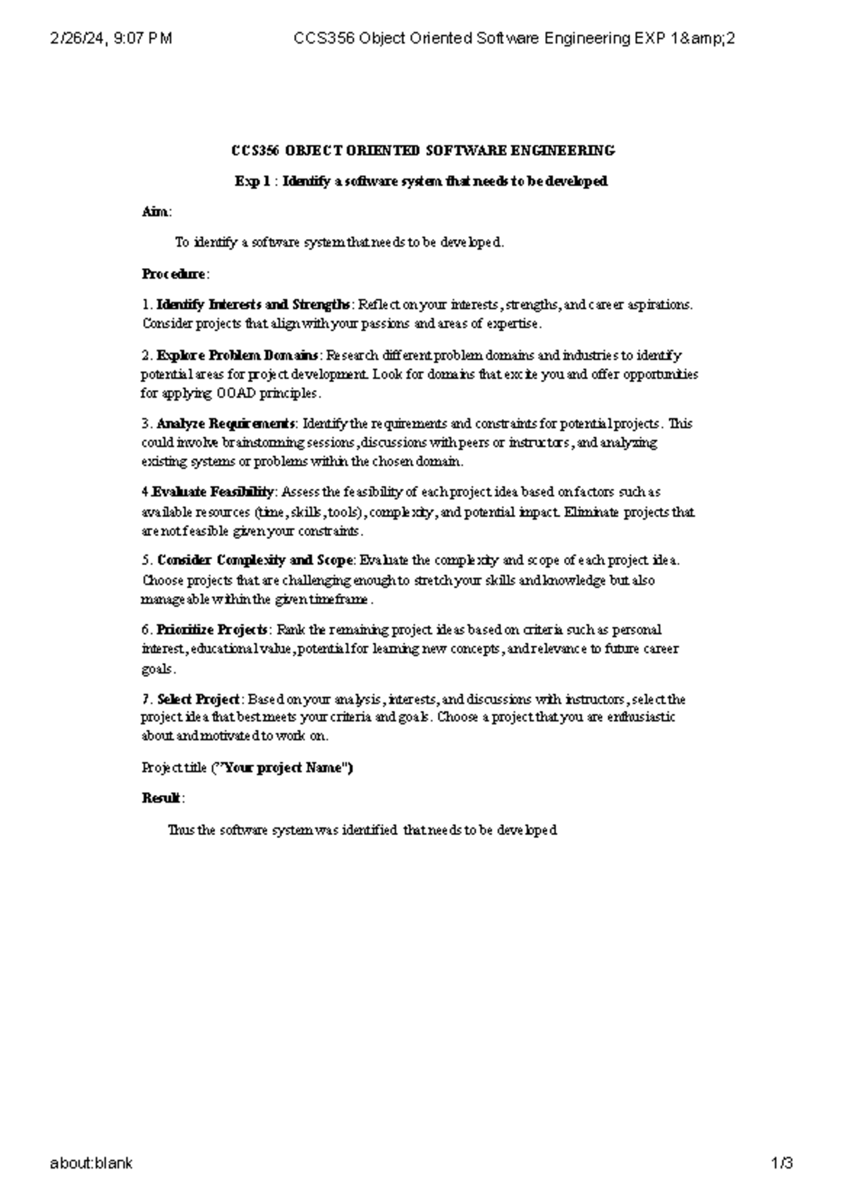 Lab CCS356 Object Oriented Software Engineering EXP 1&2 - Procedure: Identify Interests and ...