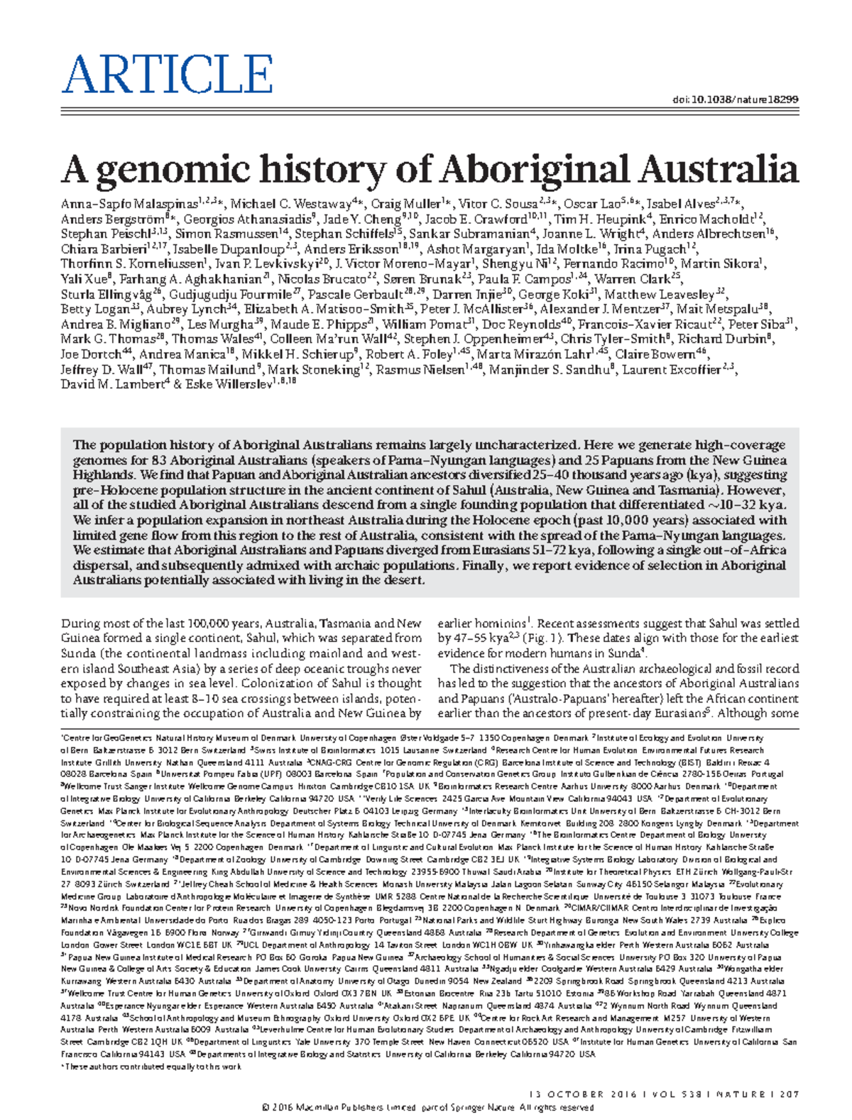 A genomic history of Aboriginal Australia - 1 3 O C T O B E R 2 0 1 6 ...