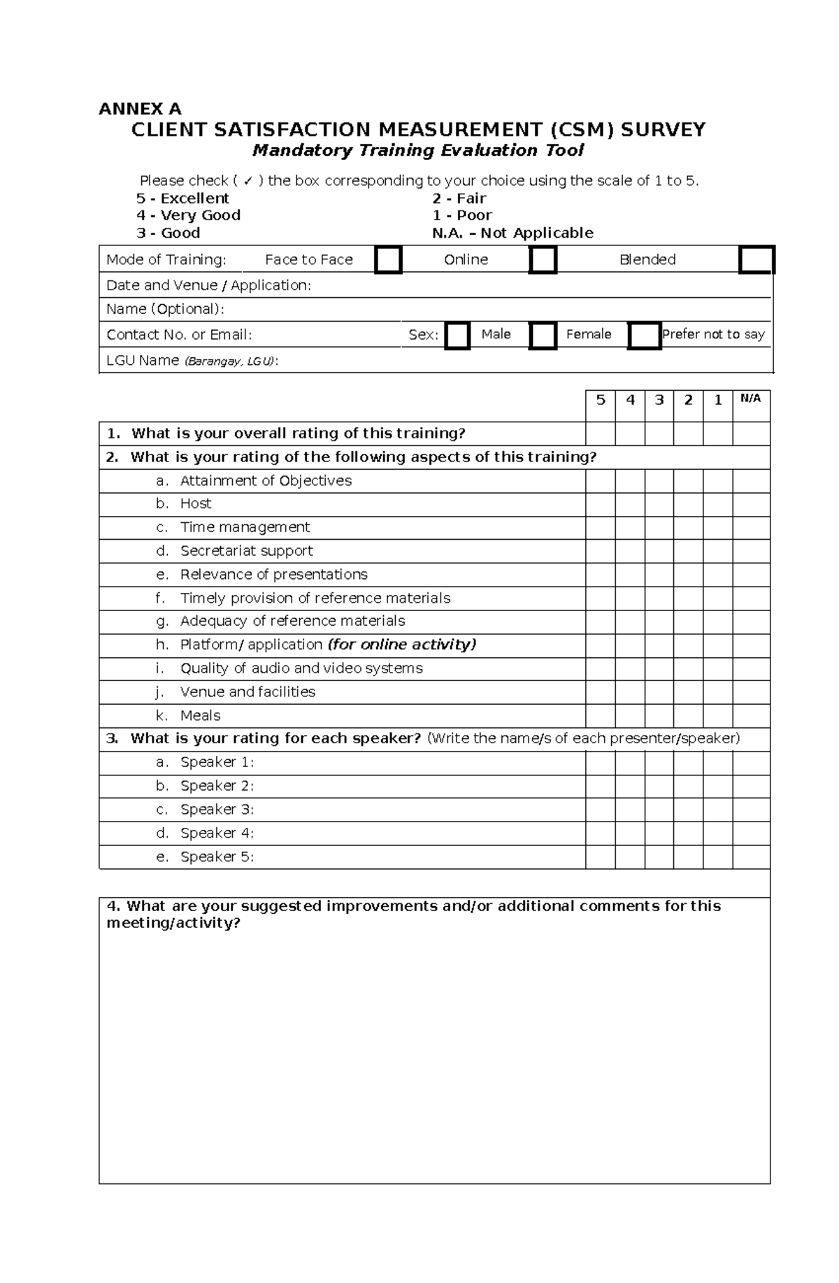 Annex A - CSM Form MT Evaluation Tool - ANNEX A CLIENT SATISFACTION ...