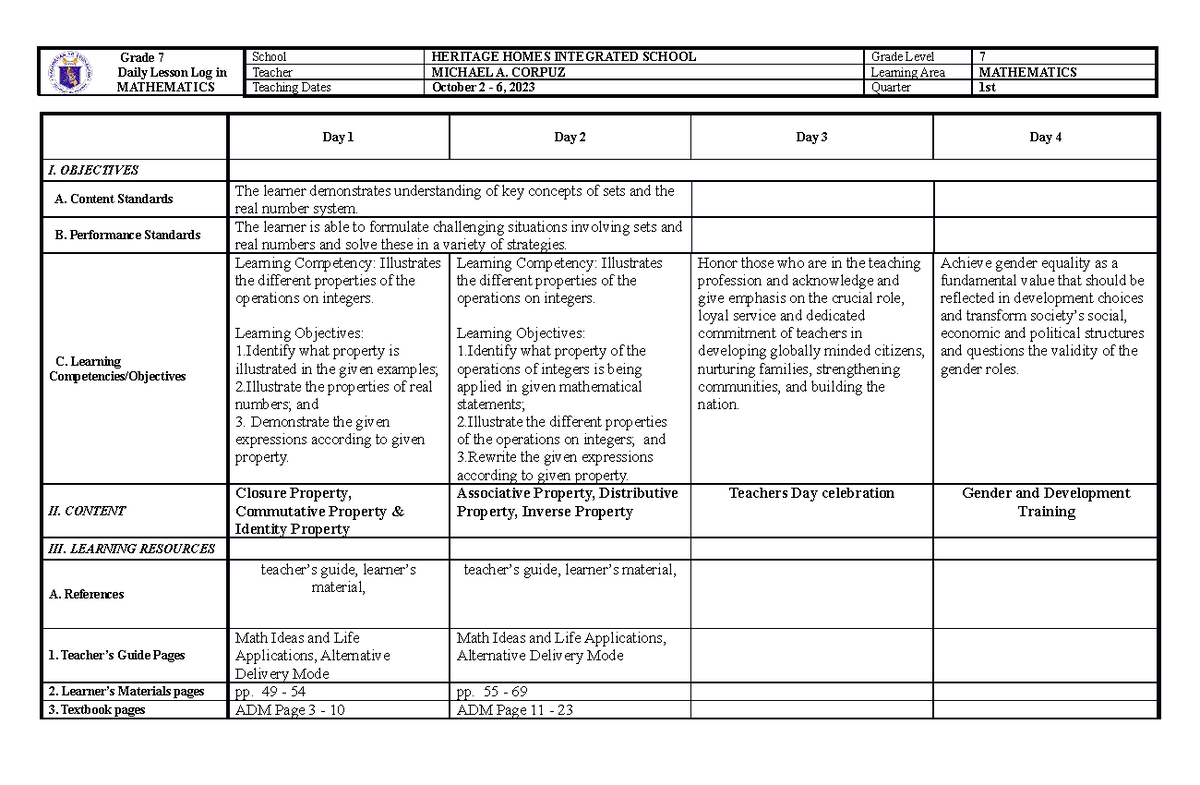 DLL- Mathematics Q1 oct 2 -6 - Grade 7 Daily Lesson Log in MATHEMATICS ...