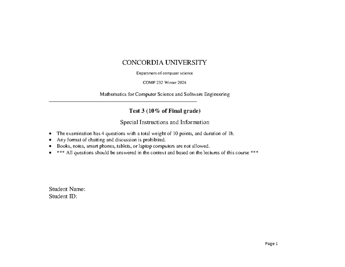 COMP232-test3-solution - CONCORDIA UNIVERSITY Department of computer ...