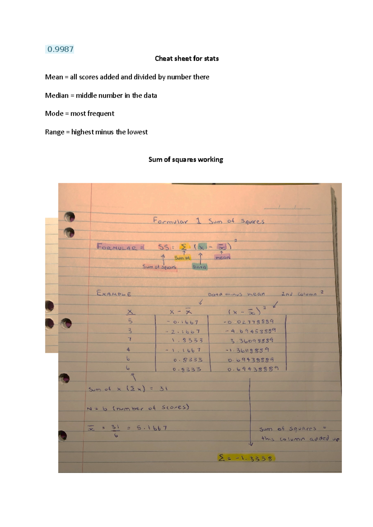 Cheat sheet for stats - 0. Cheat sheet for stats Mean = all scores ...