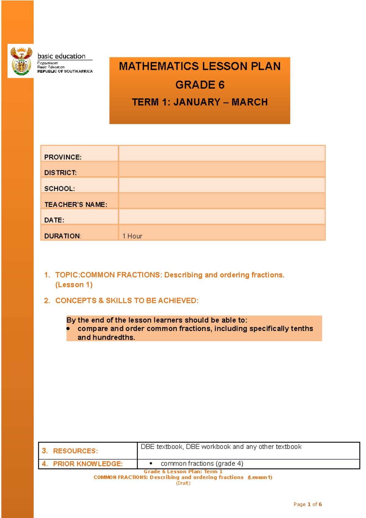 Grade 6 Term 1 Common Fractions Lesson 1 - PROVINCE: DISTRICT: SCHOOL ...