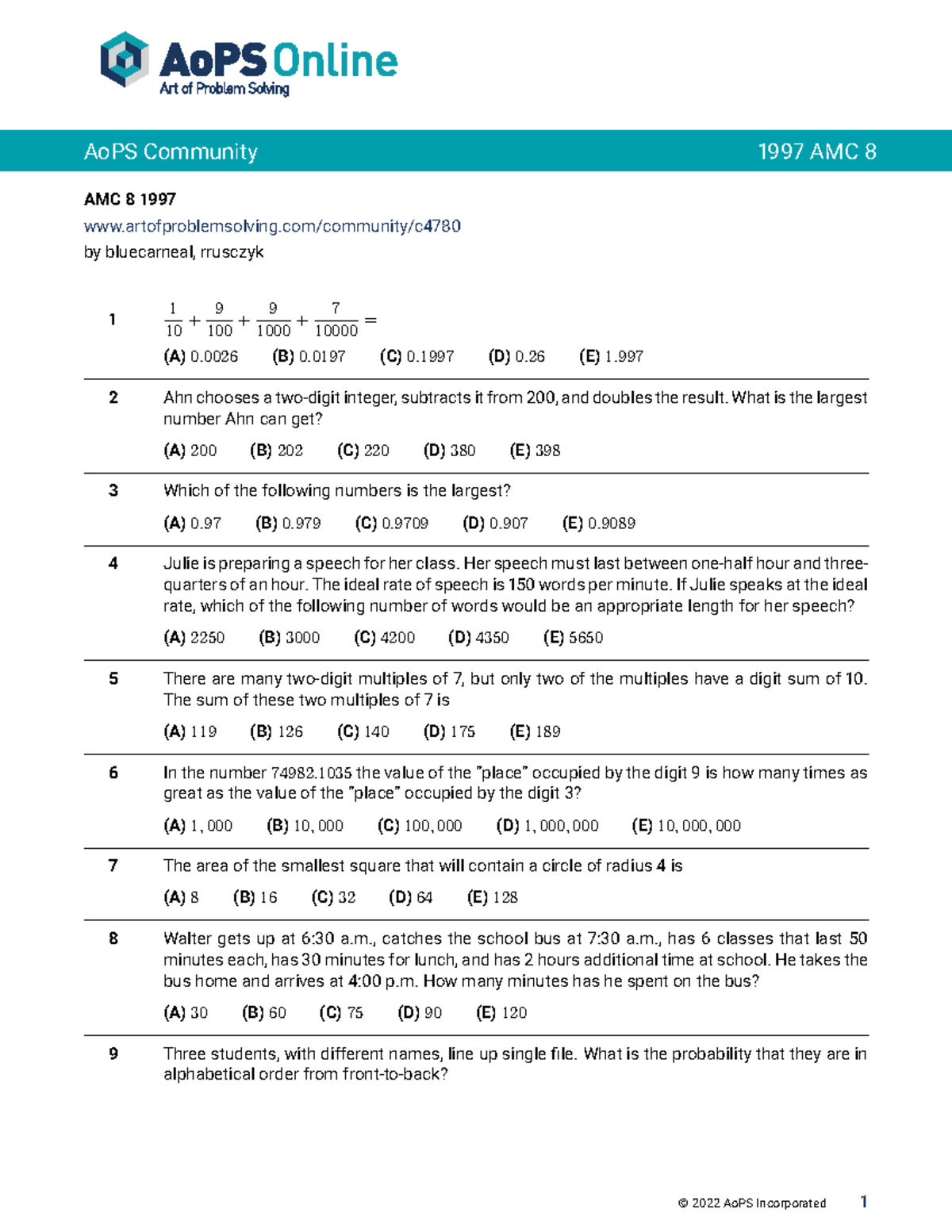 1997 - notes for mathematics - AMC 8 1997 artofproblemsolving/community ...