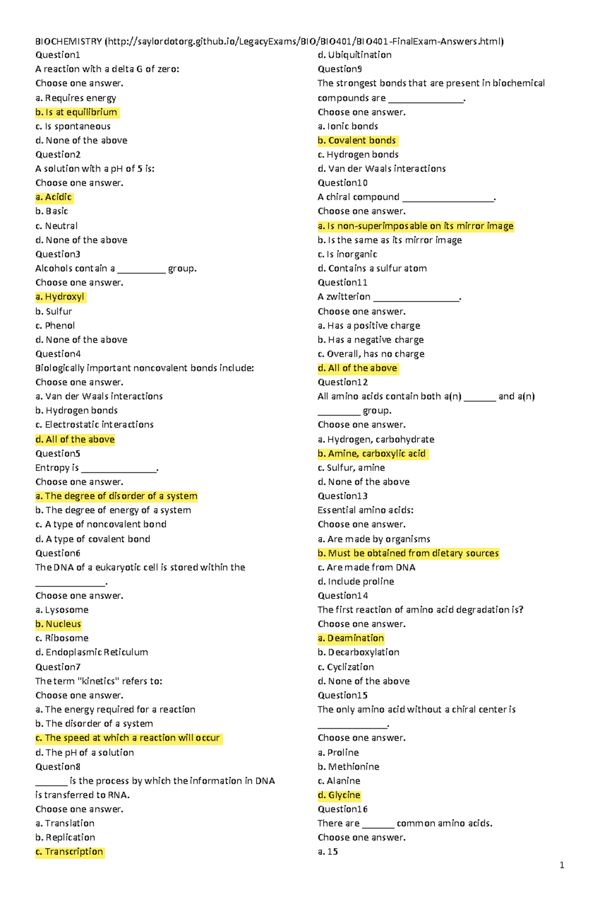 Biochemistry MCQ's - Chemistry Practice Tests - Question A reaction ...