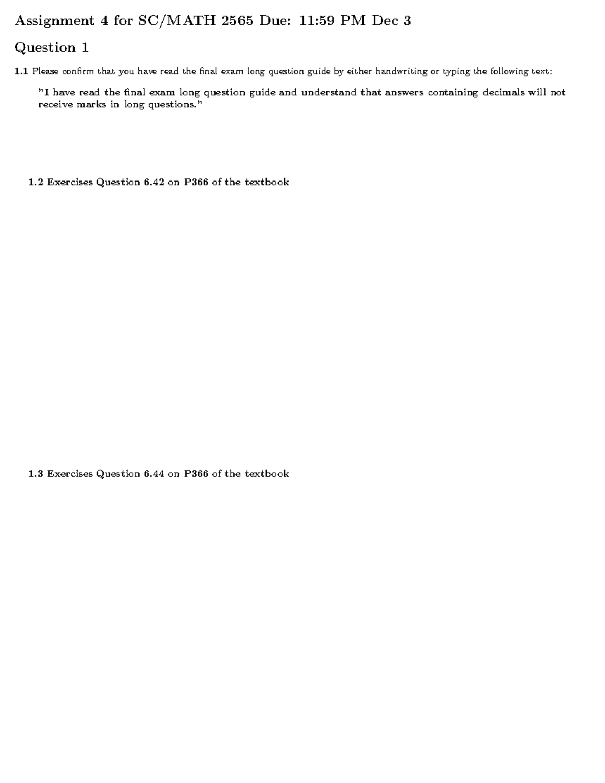 SC MATH 2565 Assignment 4 (revised) - Assignment 4 for SC/MATH 2565 Due ...