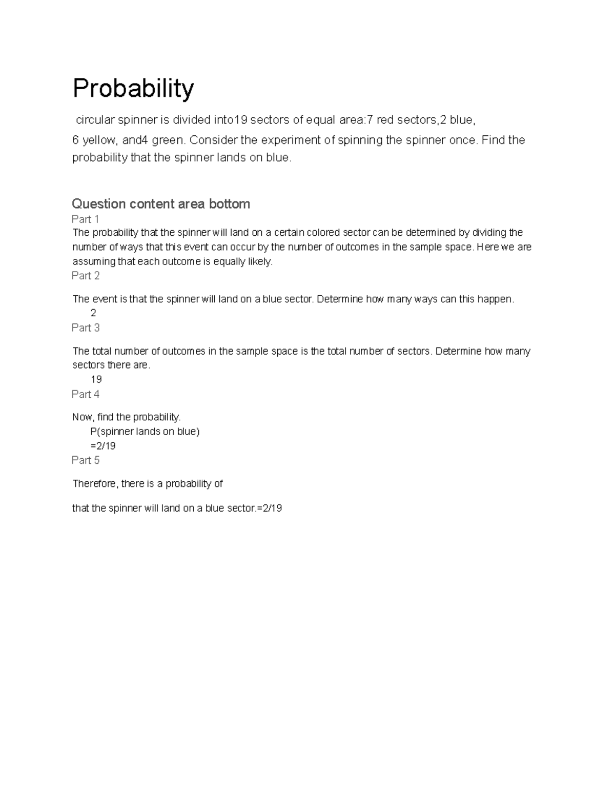 Untitled document - PROBABILITY SOLVED QUESTIONS - Probability circular spinner is divided ...