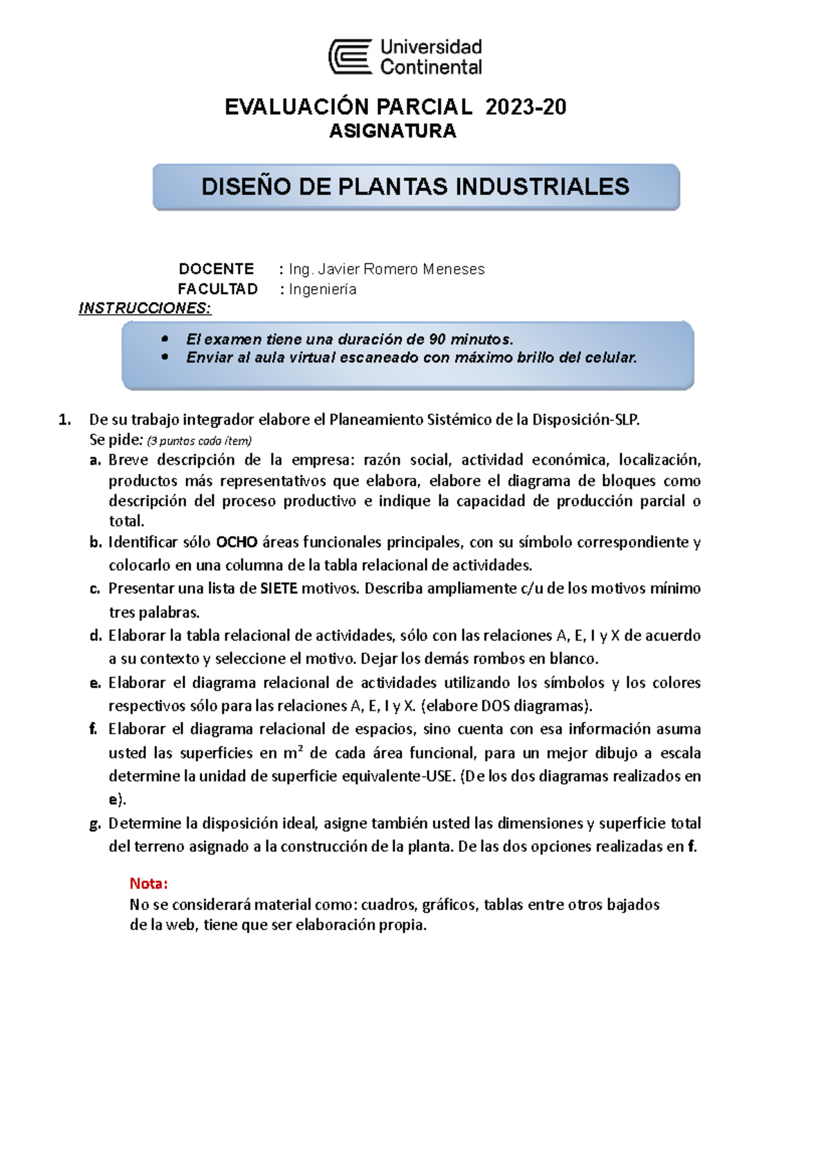 Evaluación Parcial 2023 20 - EVALUACIÓN PARCIAL 2023- ASIGNATURA DOCENTE : Ing. Javier Romero ...
