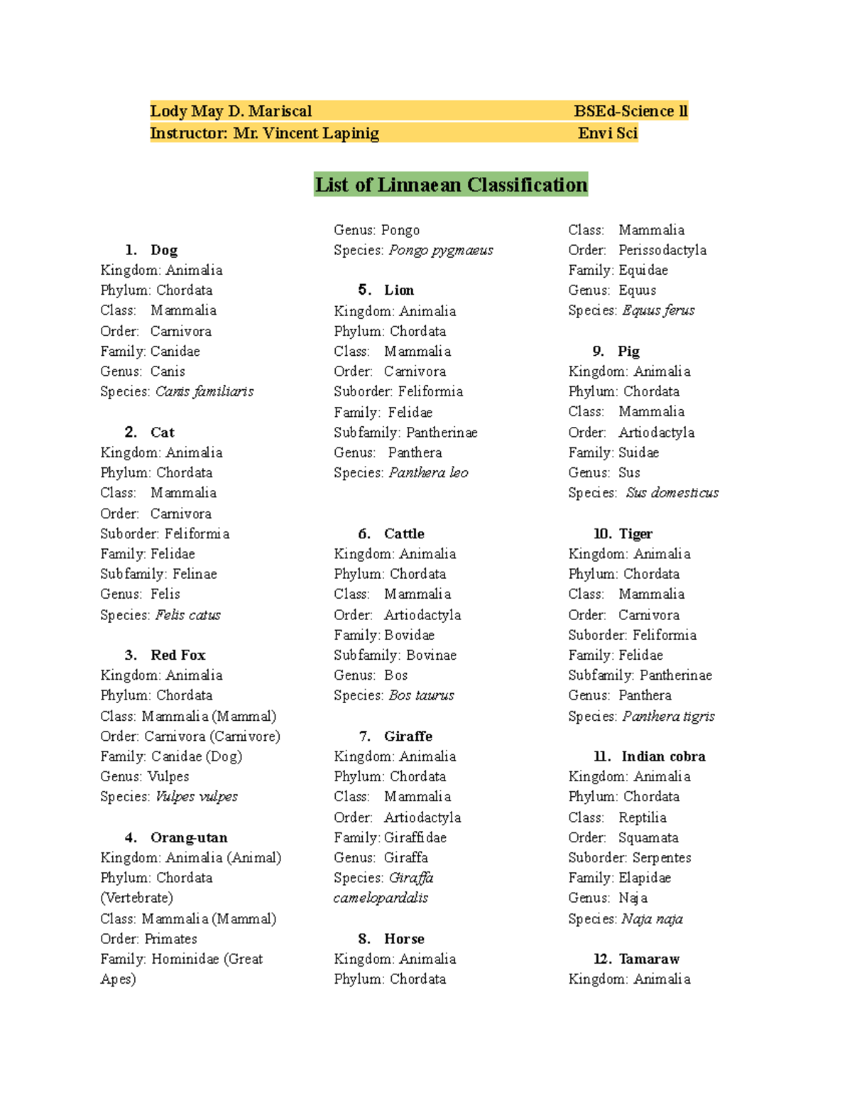Envi-science list - Lody May D. Mariscal BSEd-Science ll Instructor: Mr ...