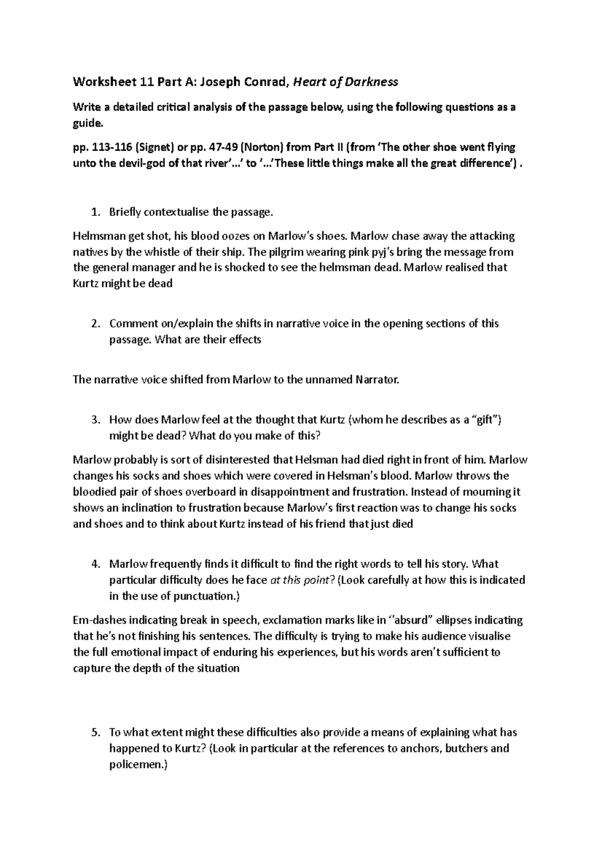 Joseph Conrad Worksheet 11 123456 - Worksheet 11 Part A: Joseph Conrad ...