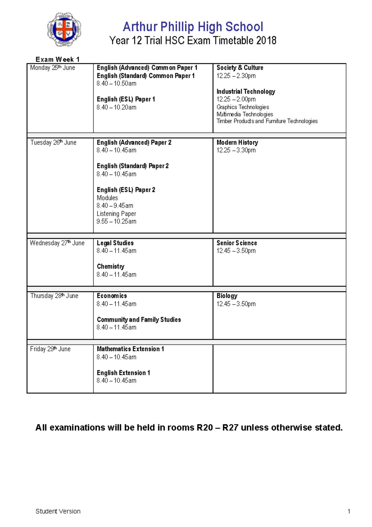 2018 Trial HSC Exam Timetable - 42305 - Studocu