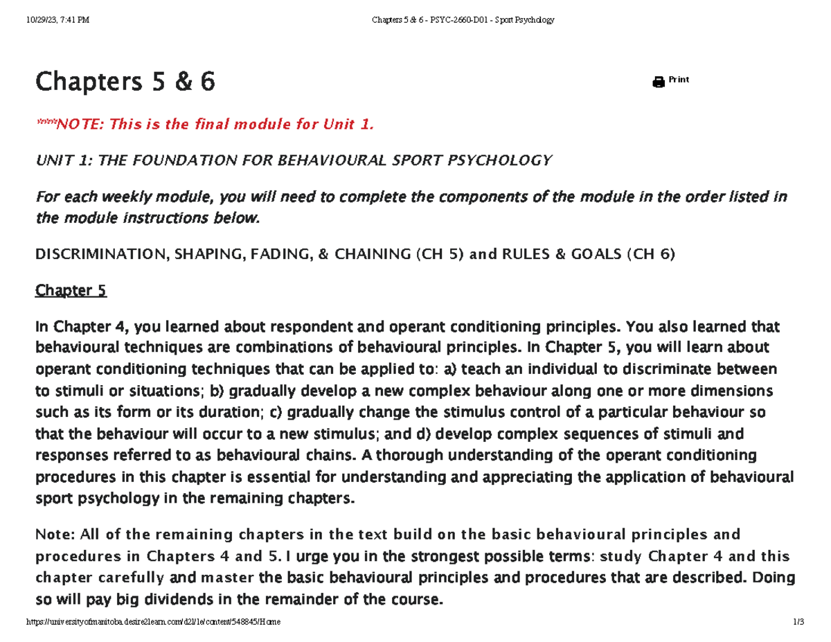 Chapters 5 & 6 - PSYC-2660-D01 - Sport Psychology - 10/29/23, 7:41 PM Chapters 5 & 6 - - Studocu