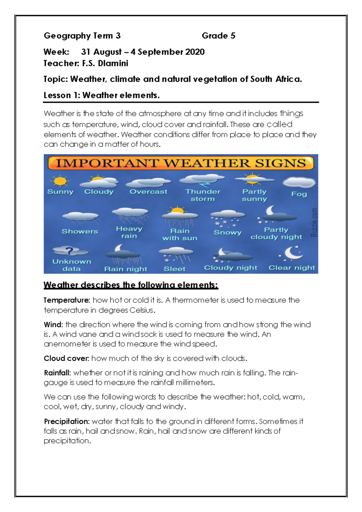 Activity 1 weather elements-geography term 3 grade 5 - Geography Term 3 ...