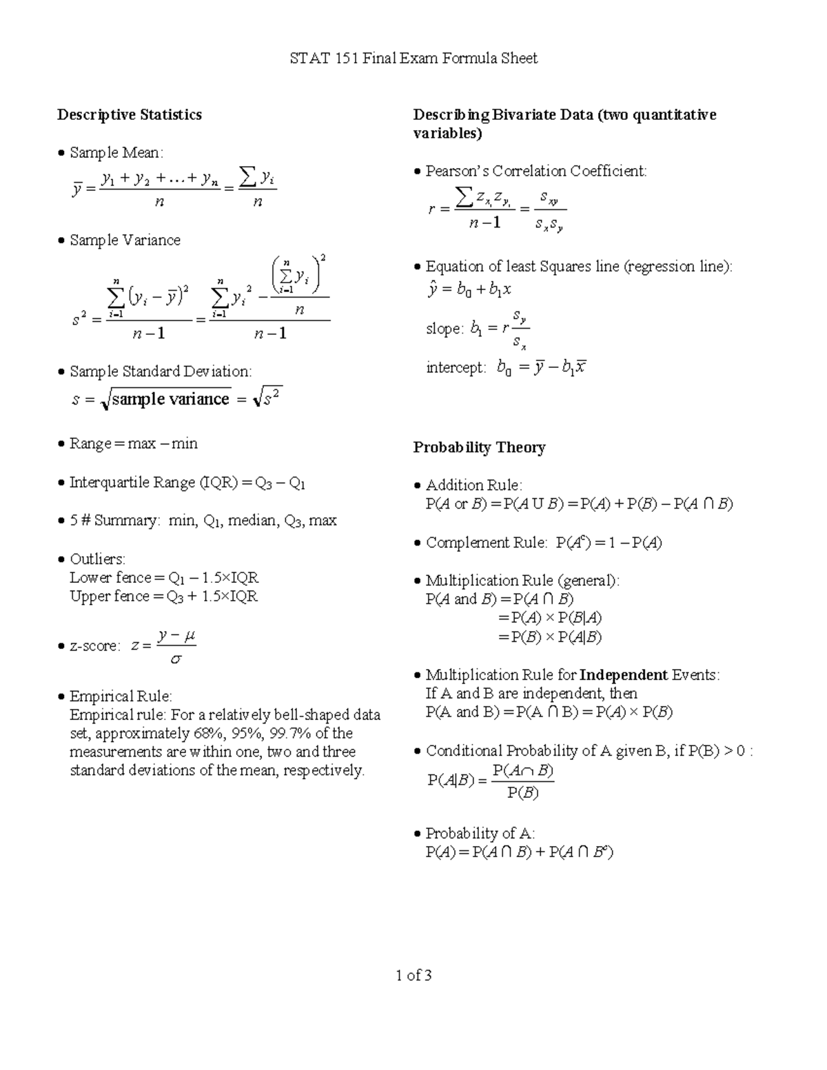 Stat 151 Fall 2018 Formulas - Final - STAT 151 Final Exam Formula Sheet 1 of 3 Descriptive - Studocu
