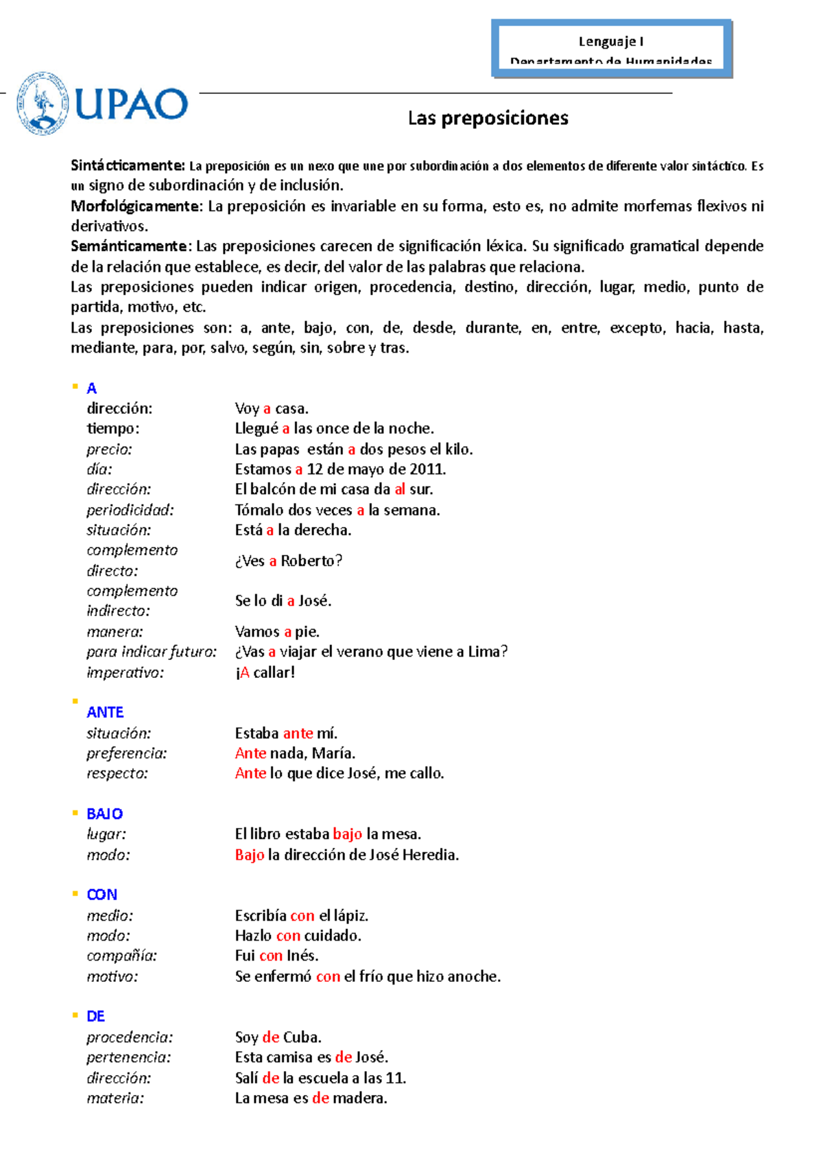 S11 La preposición-2 - Preposiciones del curso lenguaje - Departamento de Humanidades Las - Studocu