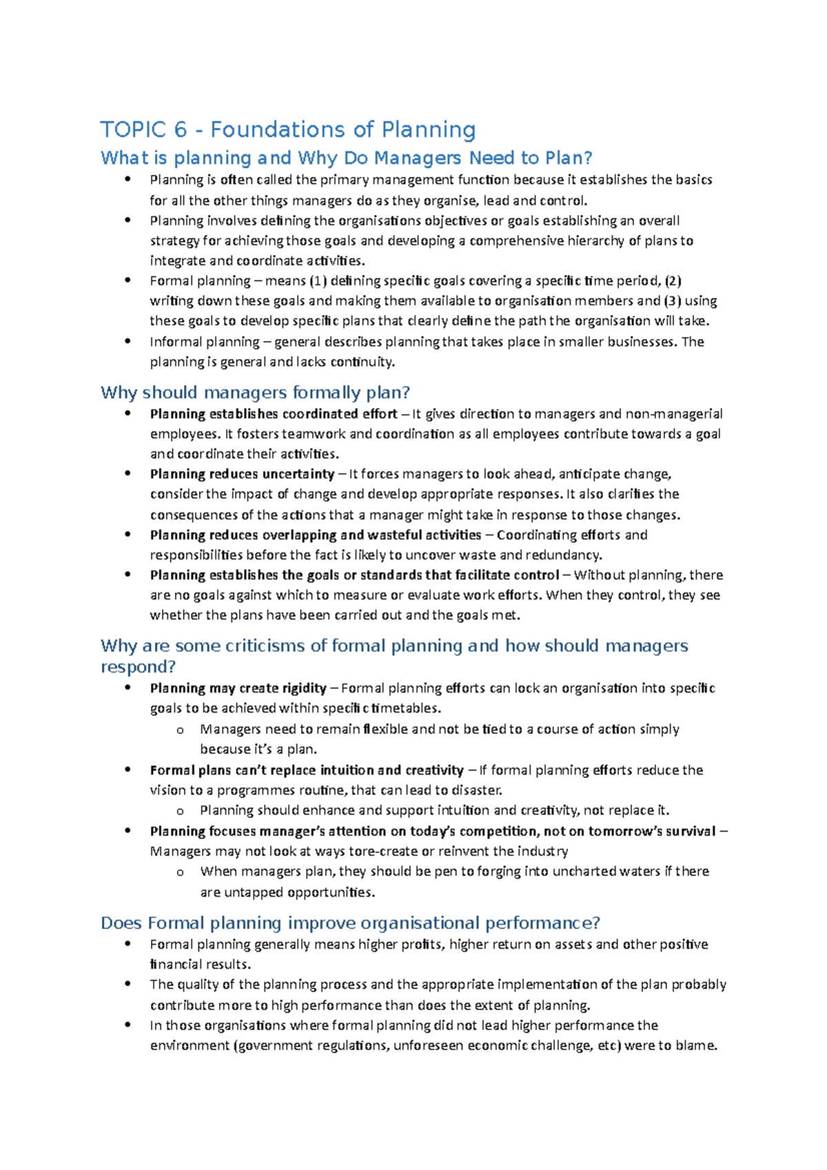Topic 6 Chapter 4 - TOPIC 6 Foundations of Planning What is planning ...