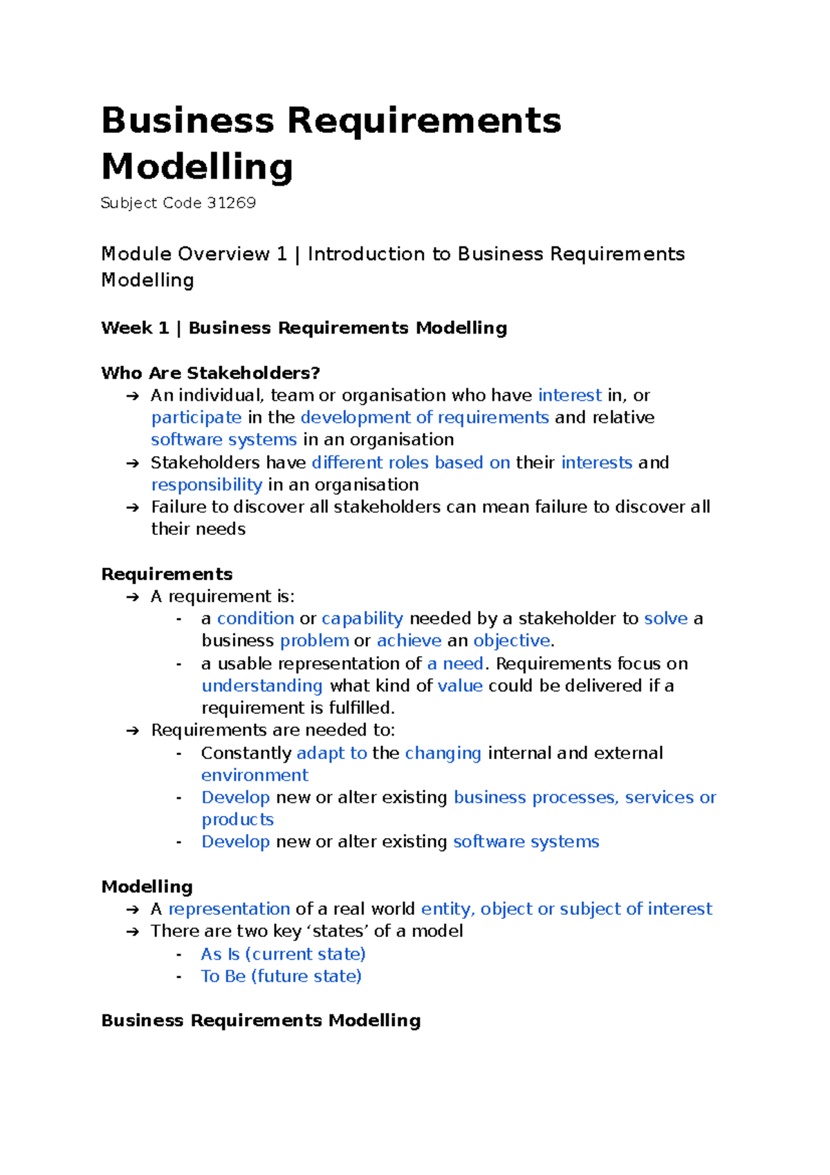 Business Requirements Modelling Wk1 - Business Requirements Modelling ...