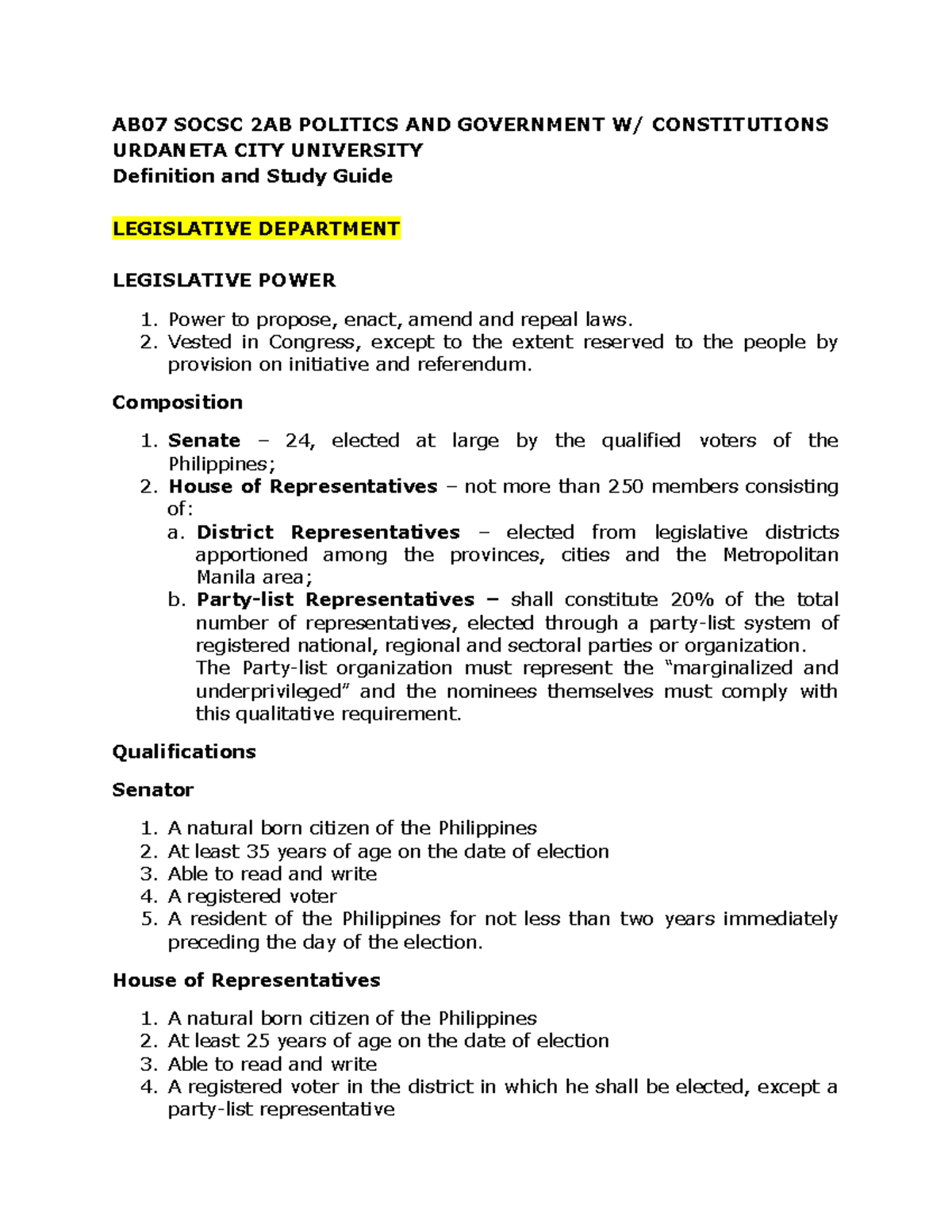 Legislative Department - AB07 SOCSC 2AB POLITICS AND GOVERNMENT W ...