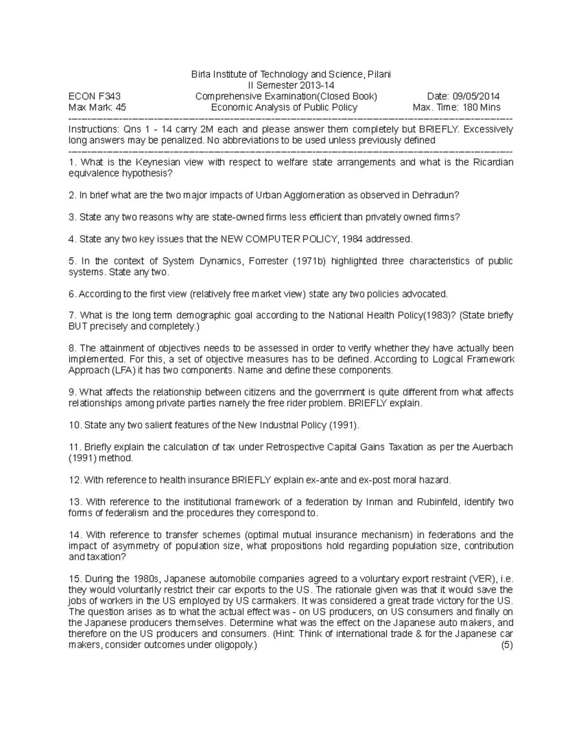 ECON F343 1451 C 2013 2 - FINAL PAPER - Birla Institute of Technology ...