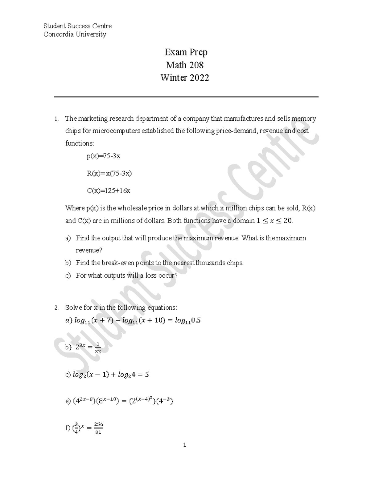 Math 208 exam prep - Final exam provided by teacher/tutors - Concordia ...