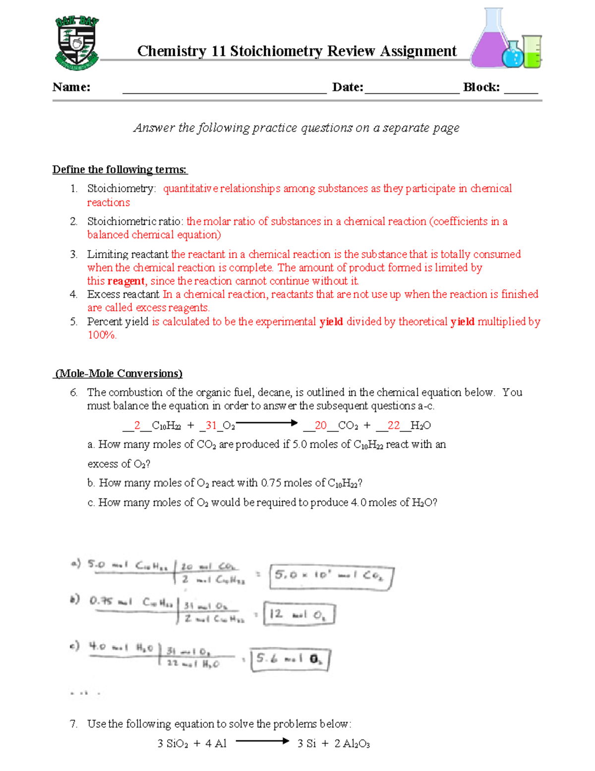 Stoichiometry review worksheet key - Chemistry 11 Stoichiometry Review ...