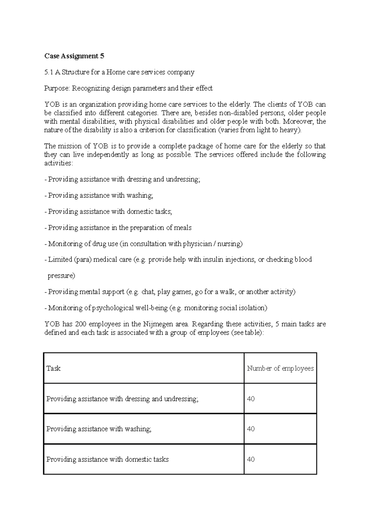 Uitwerkingen opdracht 5 - Case Assignment 5 5 A Structure for a Home care services company ...